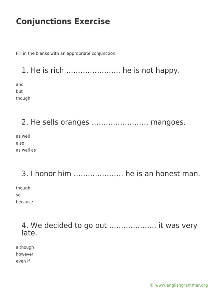 Conjunctions Exercise - 4 | PDF