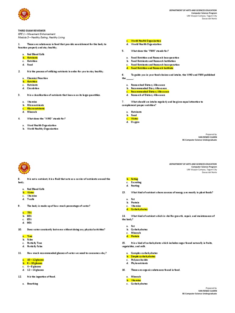 Third Exam Reviewer | PDF | Nutrients | Foods