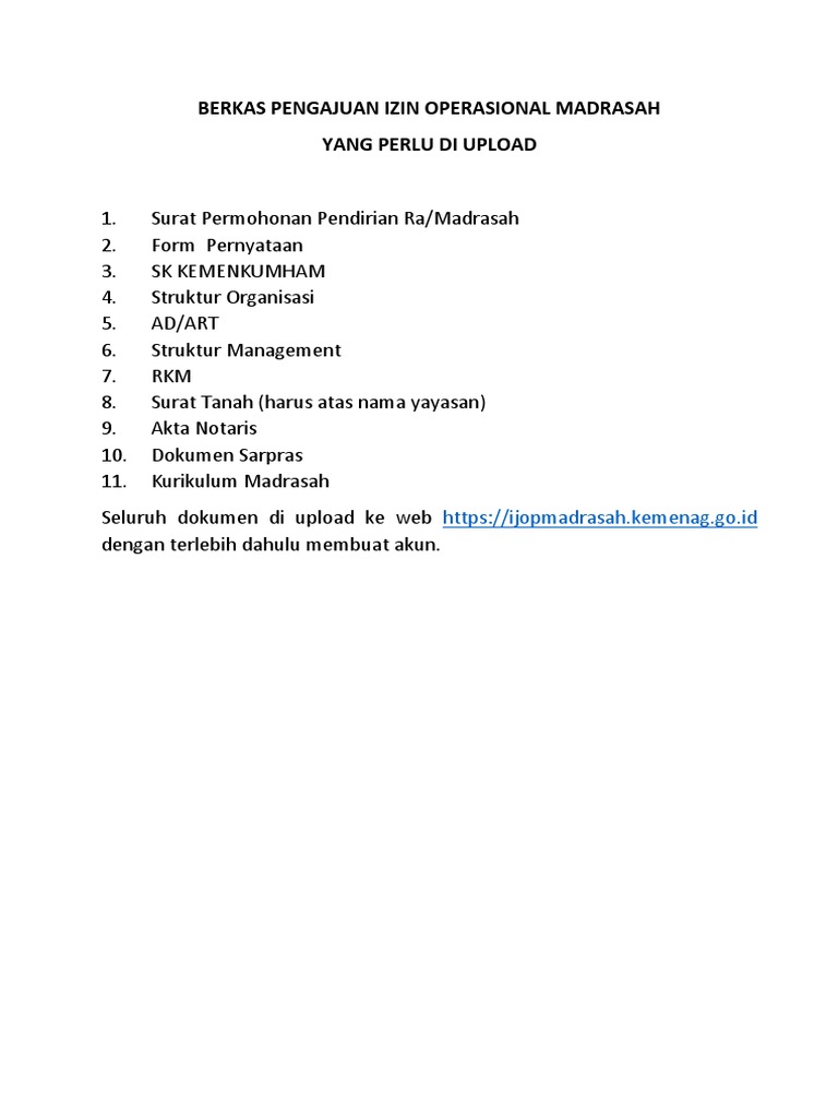 Berkas Pengajuan Izin Operasional Madrasah | PDF