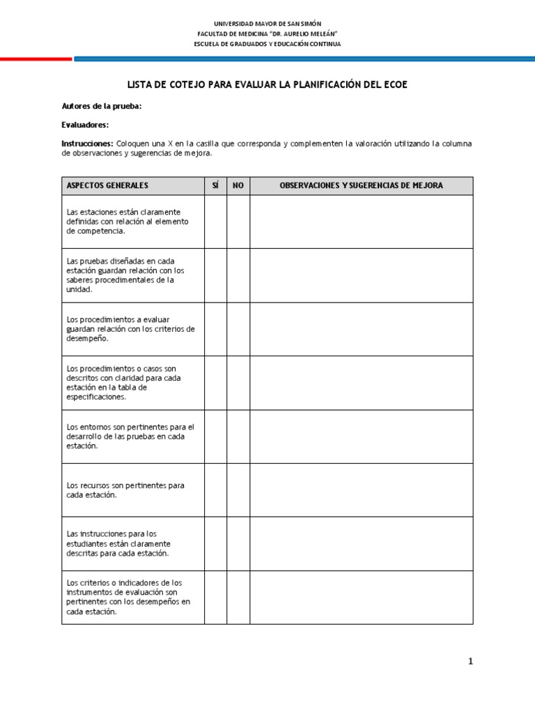Lista de Cotejo para Coevaluación ECOE | PDF
