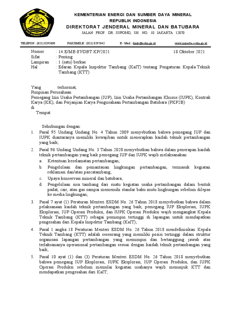 Edaran KaIT Tentang Pengaturan KTT - IUP, IUPK, KK Dan PKP2B | PDF