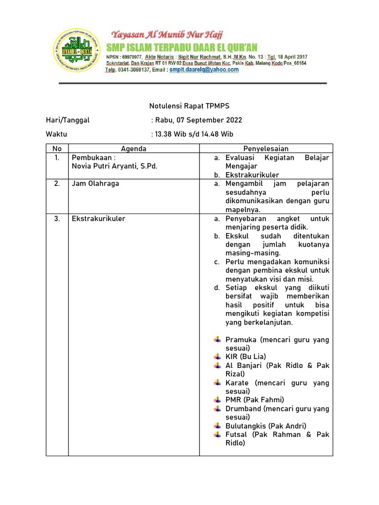 Notulensi Rapat TPMPS 070922 | PDF