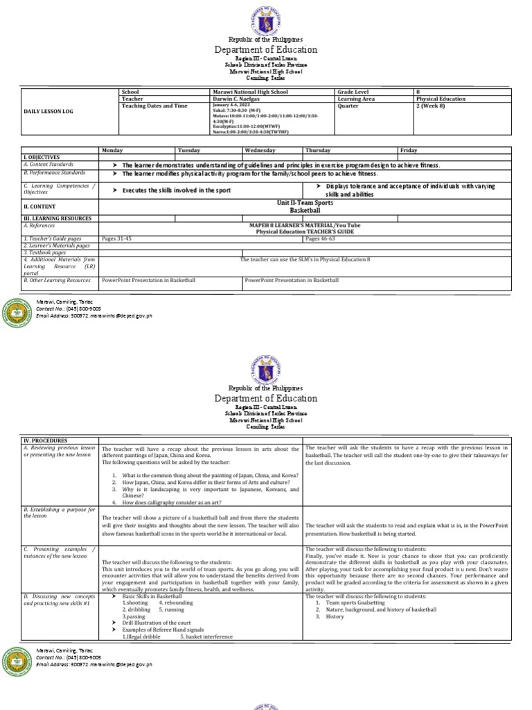 Quarter 2 Mapeh 8 DLL Week 8 Pe | PDF