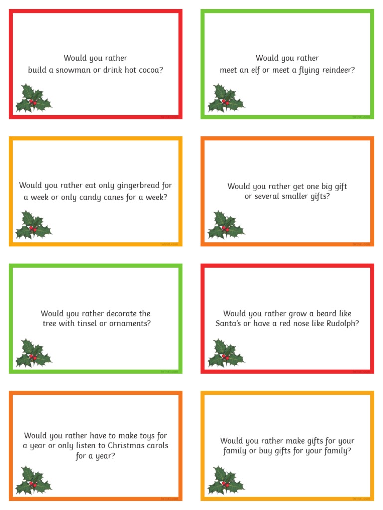 Would You Rather Prompt Cards | PDF | Christmas | Rudolph The Red Nosed ...