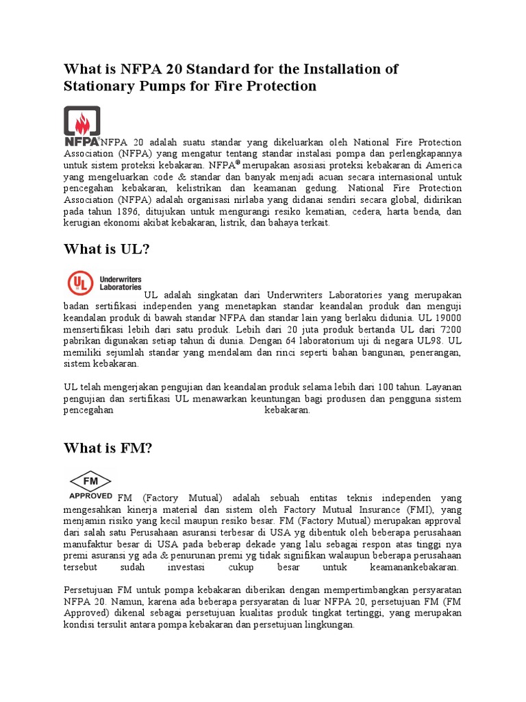 What Is NFPA 20 Standard For The Installation of Stationary Pumps For Fire Protection | PDF