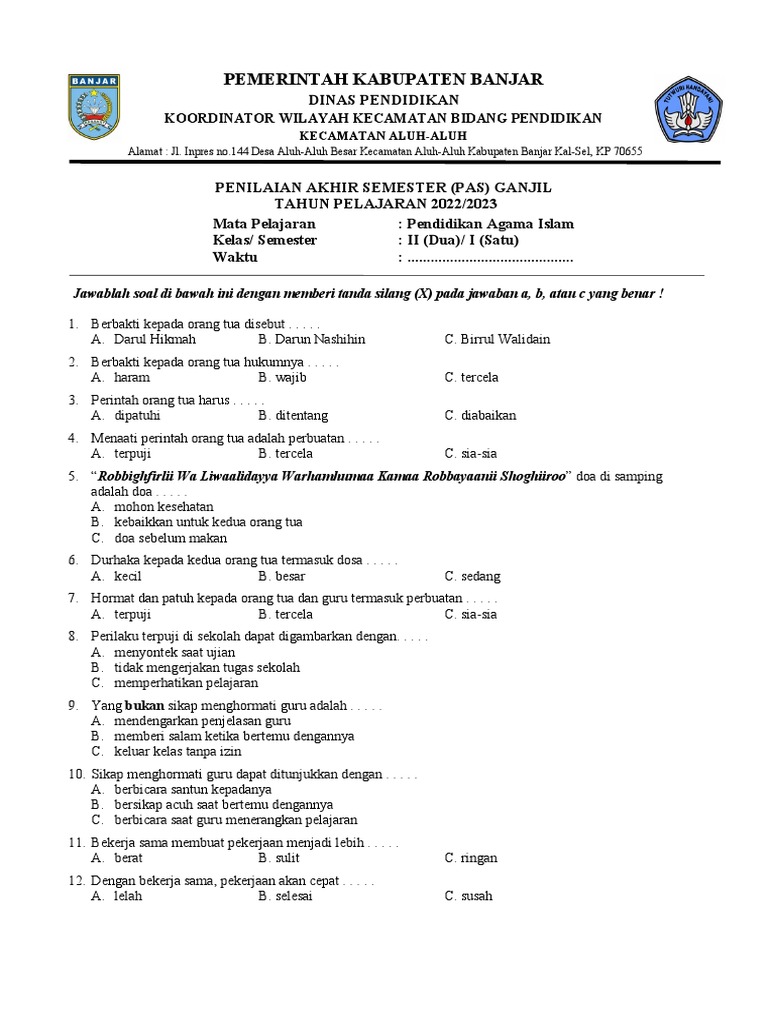 Soal PAS PAI Kelas 2 Semester 1 2022-2023 | PDF