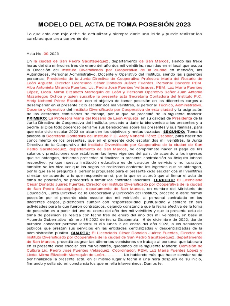Modelo Del Acta de Toma Posesión 2023 | PDF
