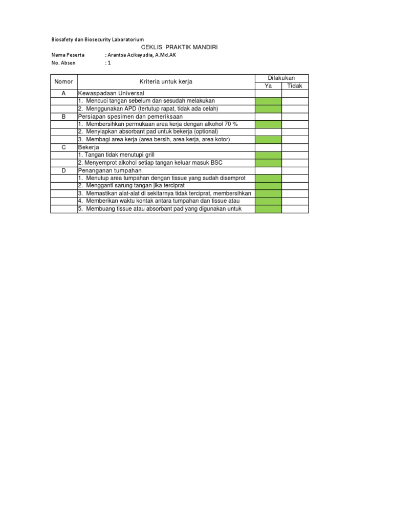 Checklist Biosafety Dan Biosecurity Laboratorium Pdf