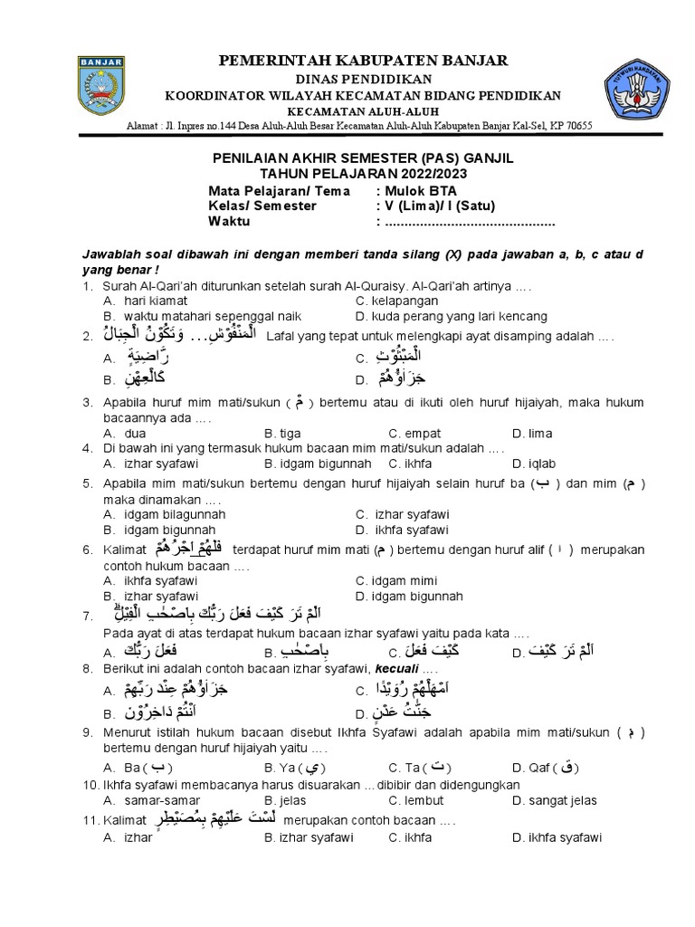 Soal PAS Mulok BTA Kelas V Semester 1 Tahun Pelajaran 2022-2023 | PDF