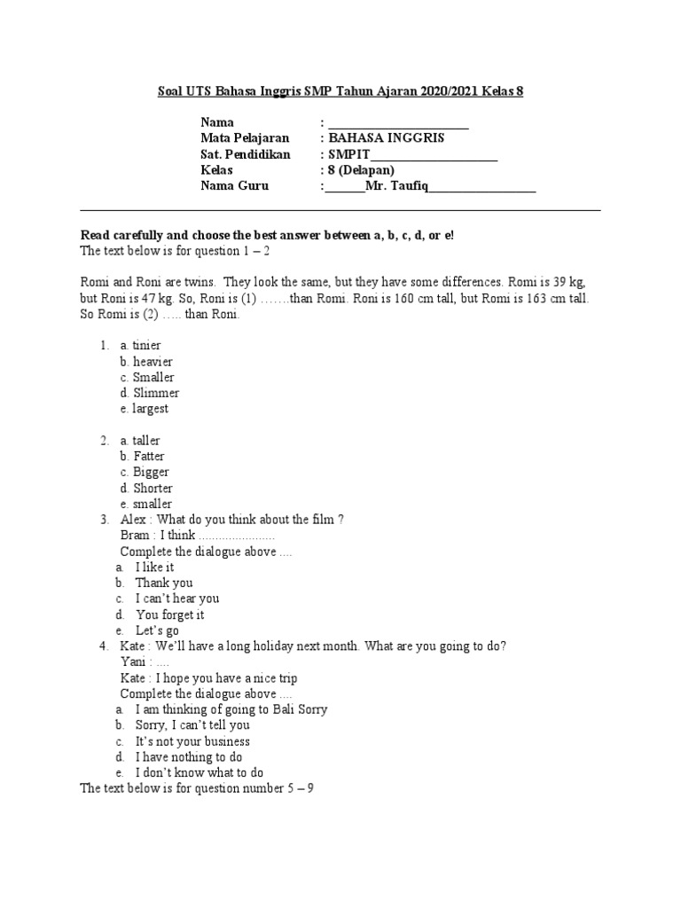 Soal UTS B.Inggris Kelas 8 Fix | PDF | The Arts | Music Industry