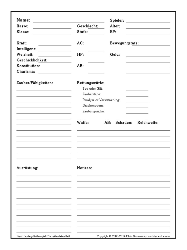 Basic Fantasy Character Sheet German r2 | PDF