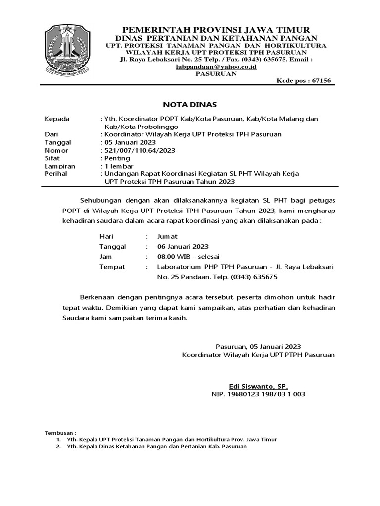 Undangan Rev Rapat Koordinasi SL PHT Wilker Pasuruan 2023 | PDF