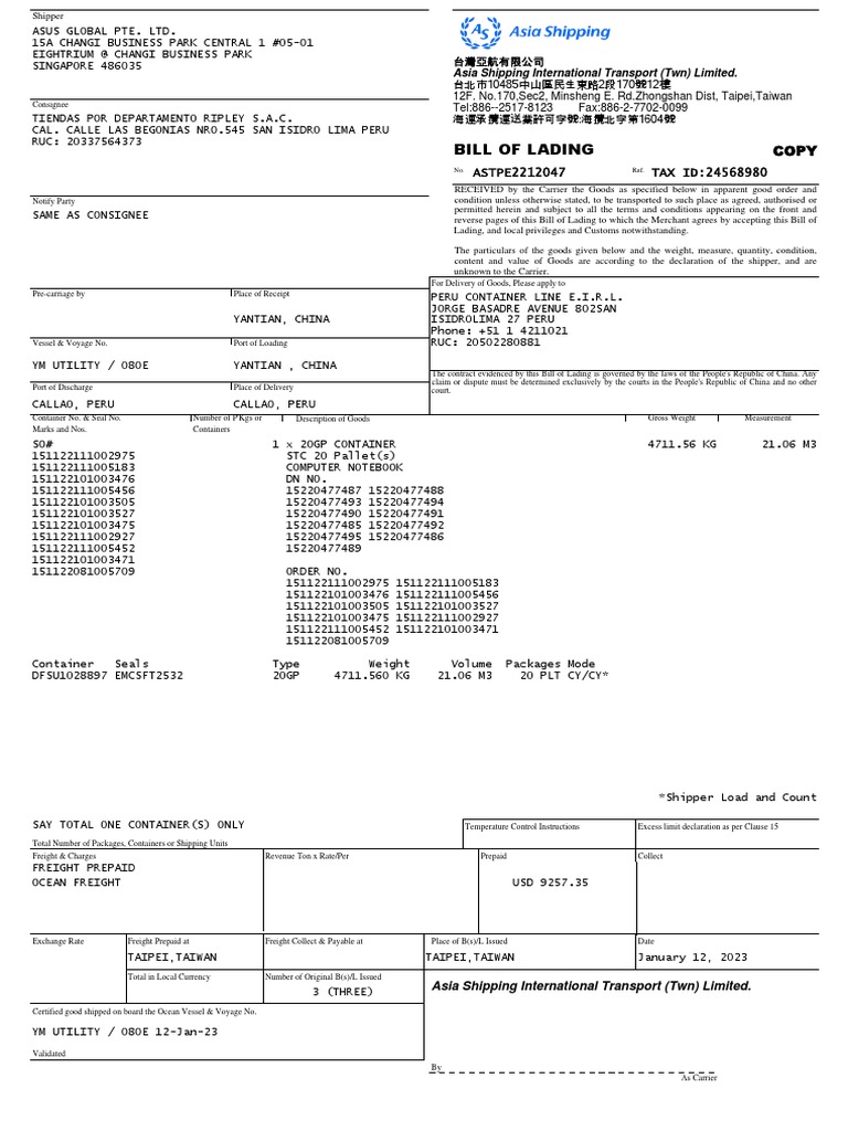TWN Bill of Lading - Astpe2212047 | PDF | Cargo | Bill Of Lading
