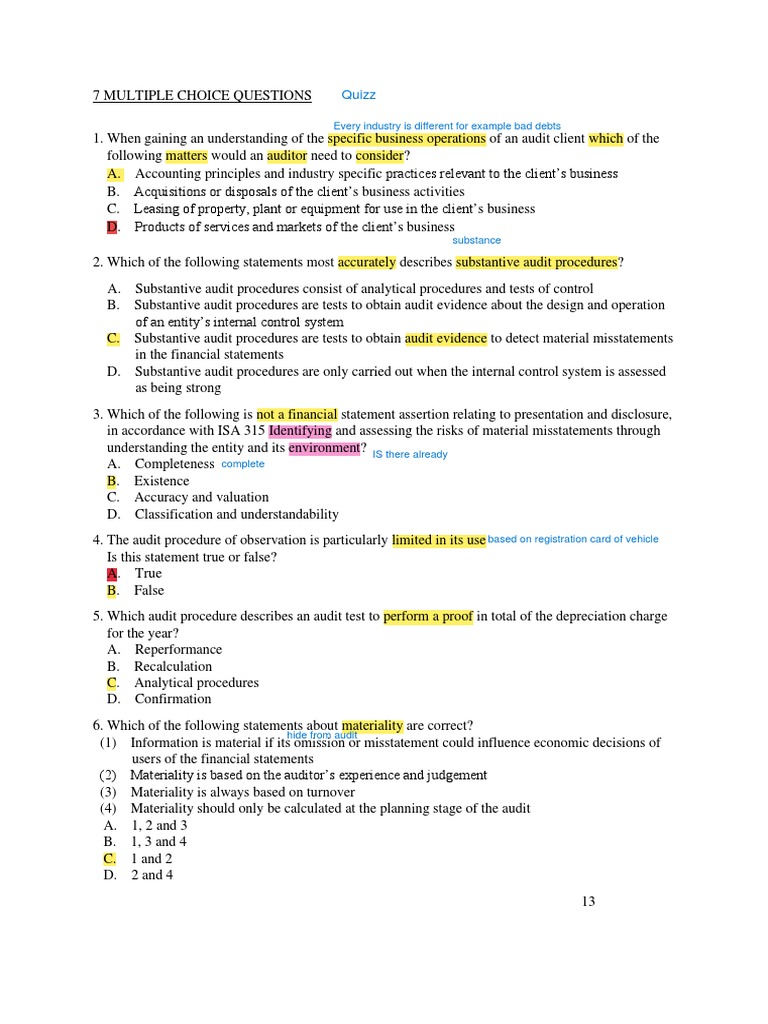 7 MCQ CH 4 (S) | PDF | Financial Audit | Audit