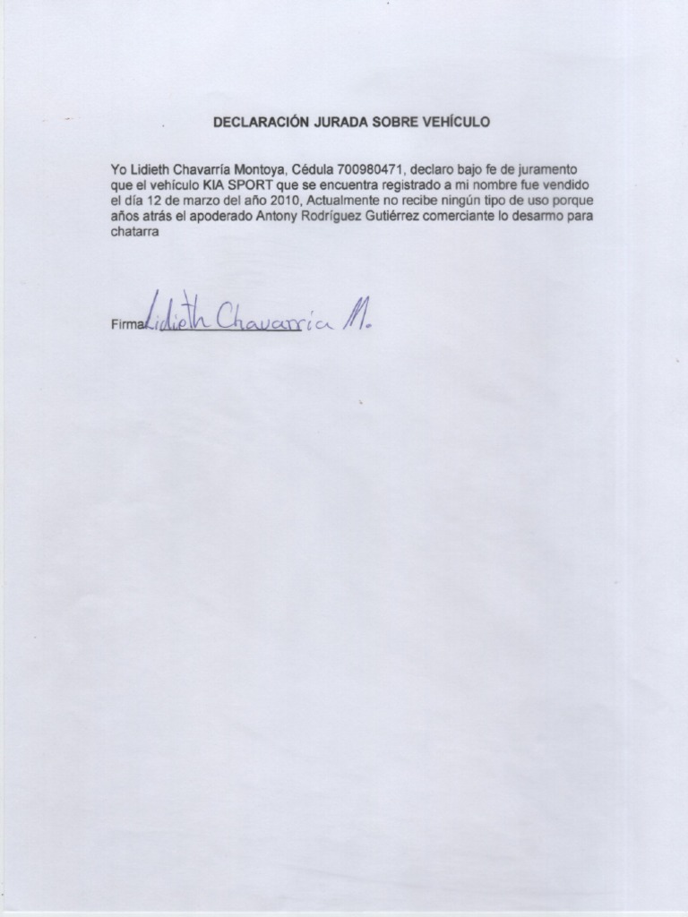 Declaración Jurada Sobre Vehículo | PDF