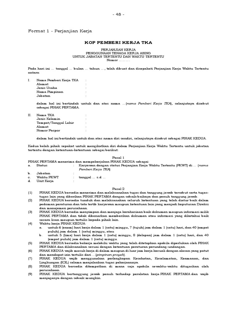 Format Perjanjian Kerja Tka | PDF