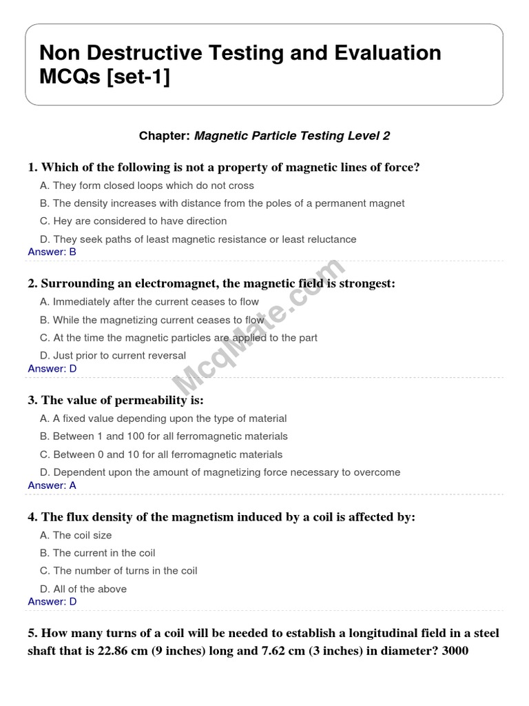 Non Destructive Testing And Evaluation Chapter Magnetic Particle Testing Level 2 Solved Mcqs