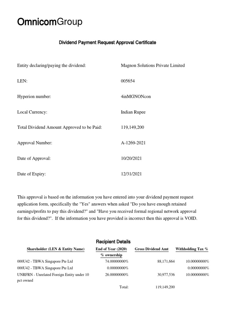 Dividend Approval Certificate R-1269-2021 | PDF
