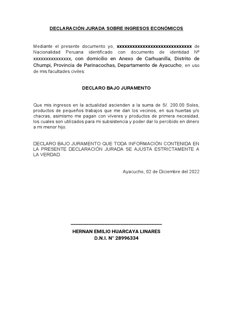 Declaración Jurada Sobre Ingresos Económicos | PDF