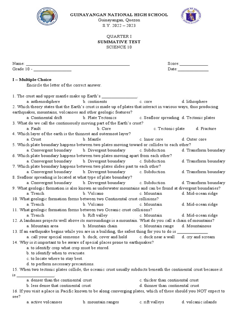 G10 Science Quarter I Summative Test | PDF | Plate Tectonics | Earthquakes