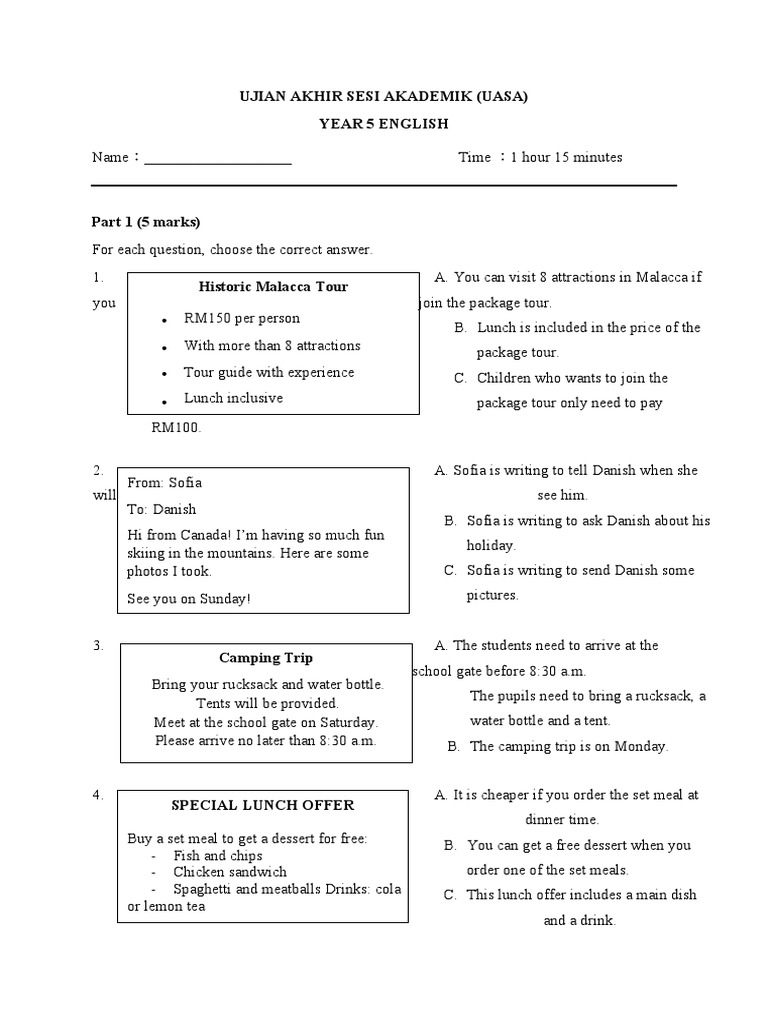 Y5 English Uasa Practice Set With Answers | PDF