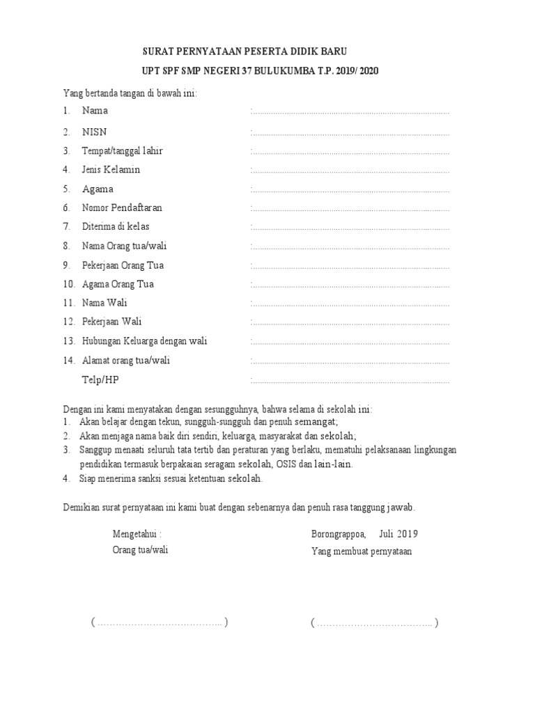 Contoh Surat Pernyataan Peserta Didik Baru Dan Orang Tua Wali Untuk PPDB | PDF