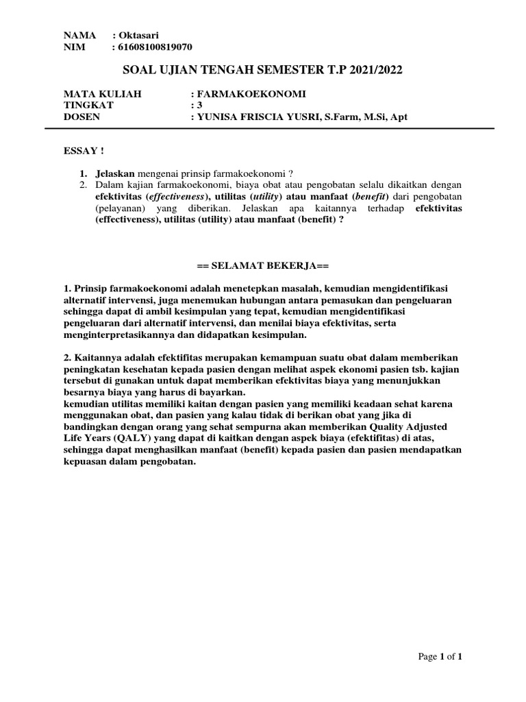 Soal Uts Farmakoekonomi | PDF | Sains & Matematika | Pengembangan Diri