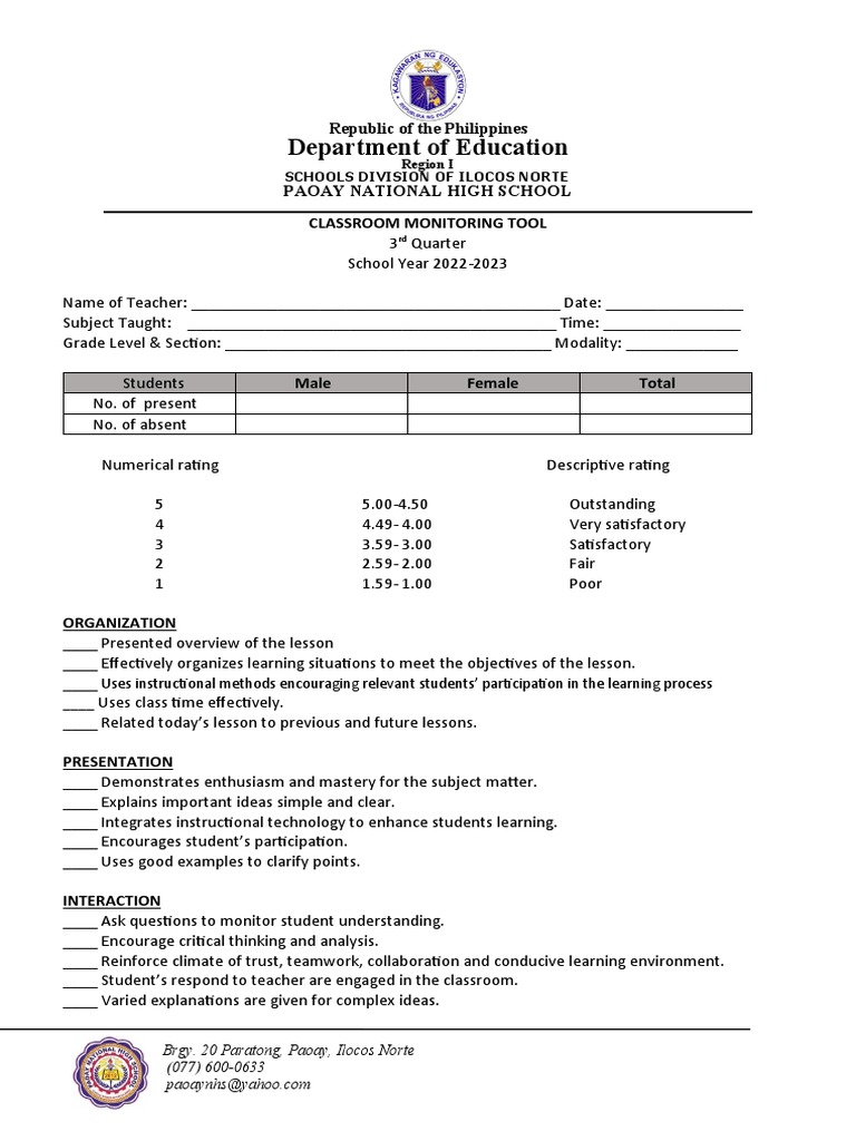 Monitoring Tool 3RD Quarter | PDF | Learning | Teachers