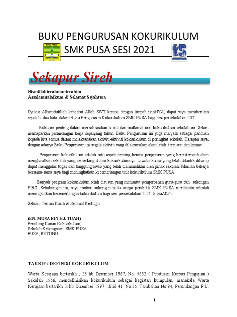 Buku Pengurusan Kokurikulum SMK Pusa 2021 | PDF