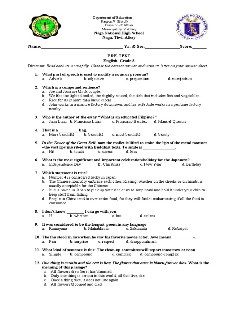 Pre Test English 8 | PDF | Language Arts & Discipline | Foreign ...