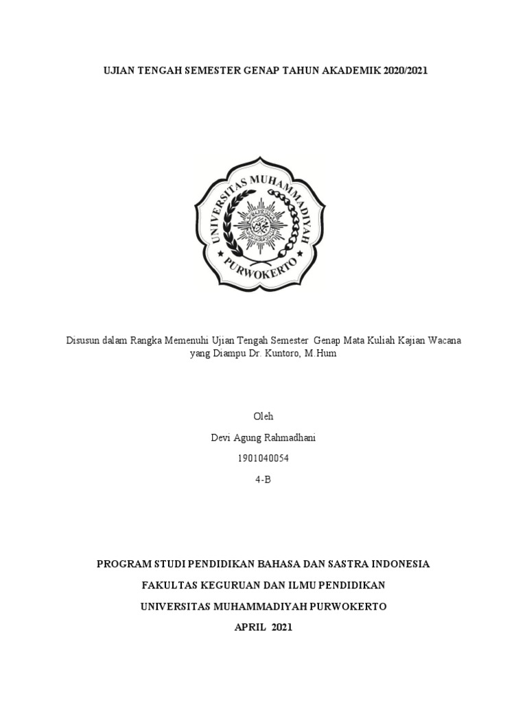 Devi Agung Rahmadhani - 4B PBSI - UTS KAJIAN WACANA | PDF | Seni & Disiplin Bahasa