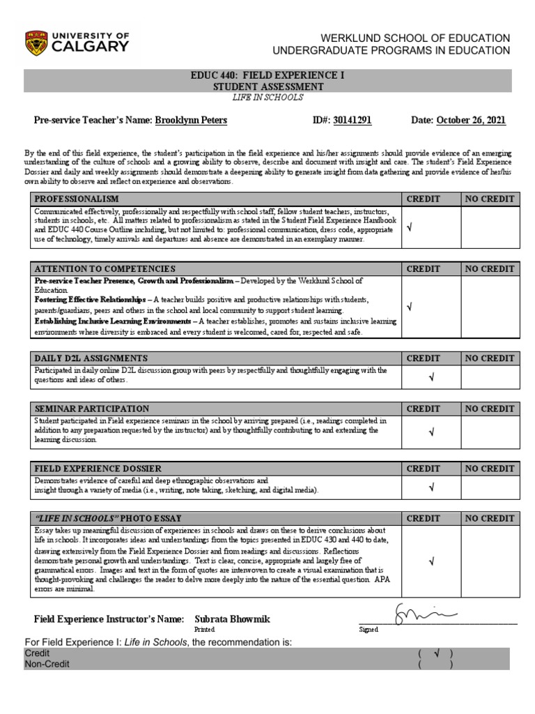 EDUC 440 Field Experience Assessment | PDF | Learning | Teachers