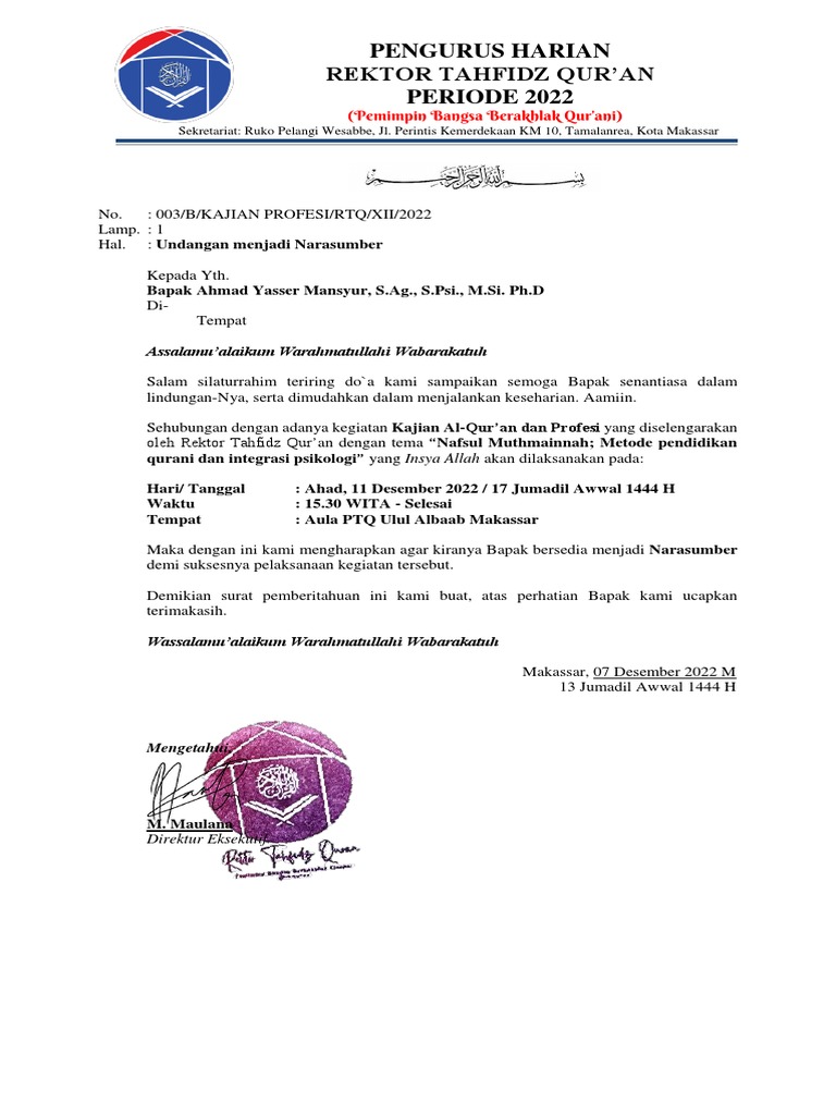 Surat Pemateri Dan TOR Kajian Bulanan RTQ | PDF