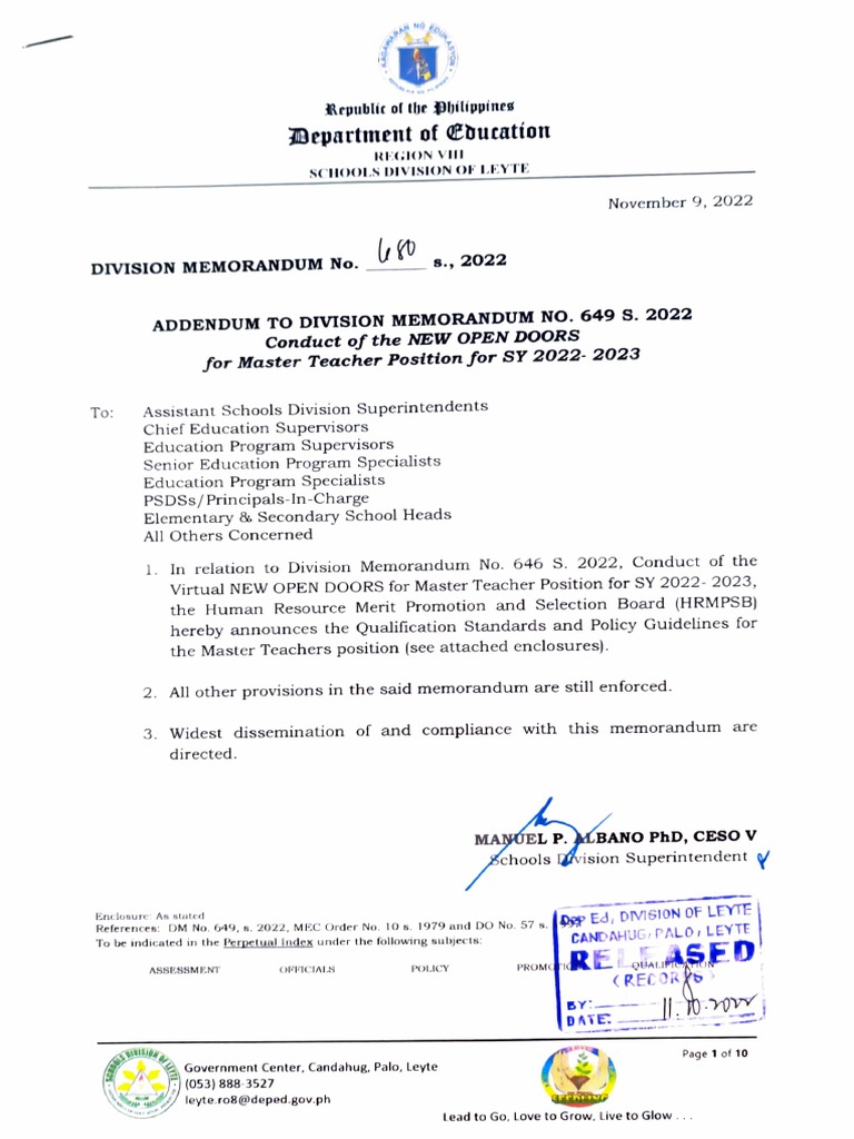 DM No. 680, S. 2022 - Addendum To Division Memorandum No. 649, S. 2022 ...