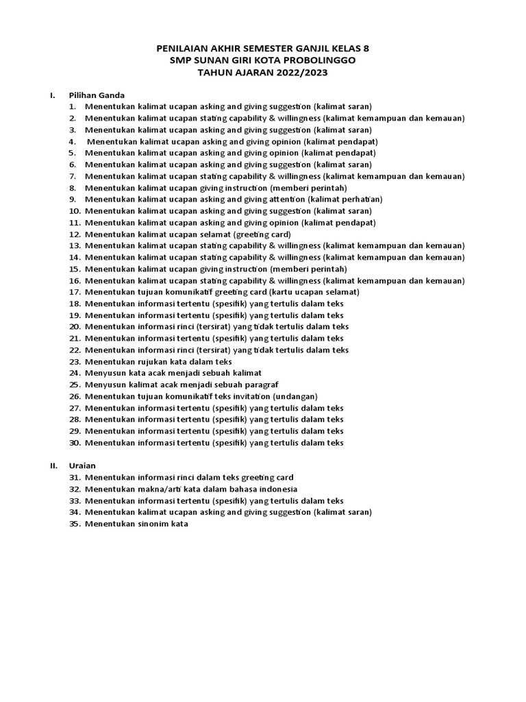 Kisi-Kisi Penilaian Akhir Semester Ganjil Kelas 8 | PDF | Karier & Perkembangan