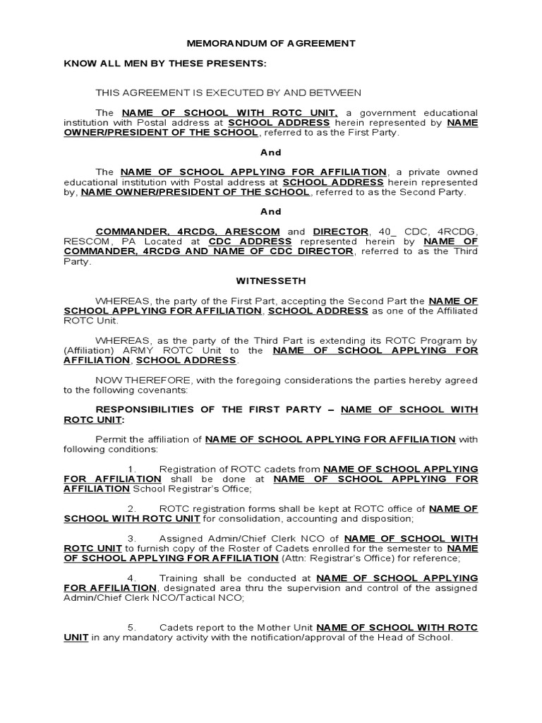 ROTC Unit Affiliation Agreement Template | PDF | Reserve Officers ...