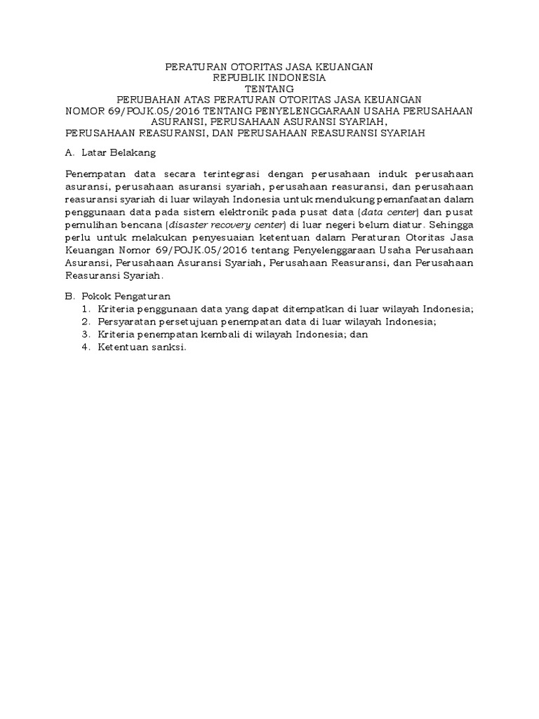 Pojk 38 2020 Perubahan Pojk 69 2016 Penyelenggaraan Usaha Asuransi Dan Reasuransi Summary Pdf 