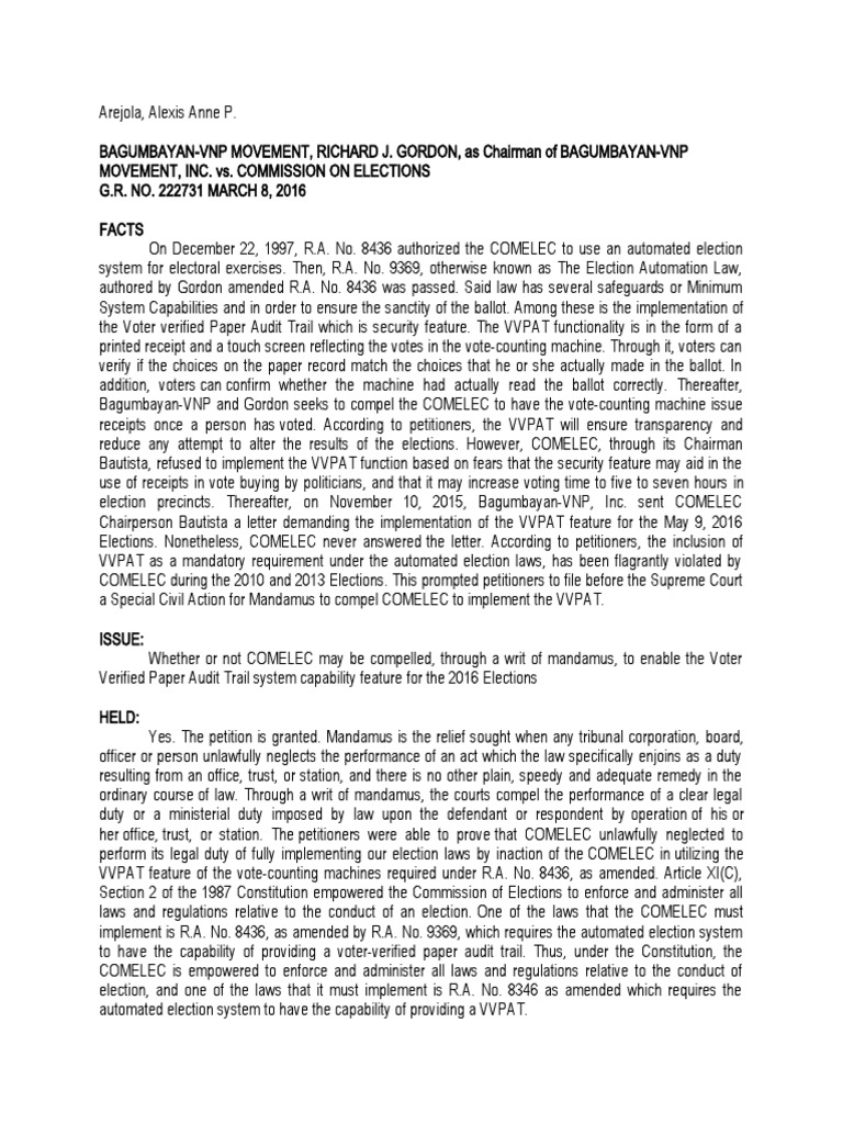Bagumbayan V COMELEC Case Digest | PDF | Mandamus | Government