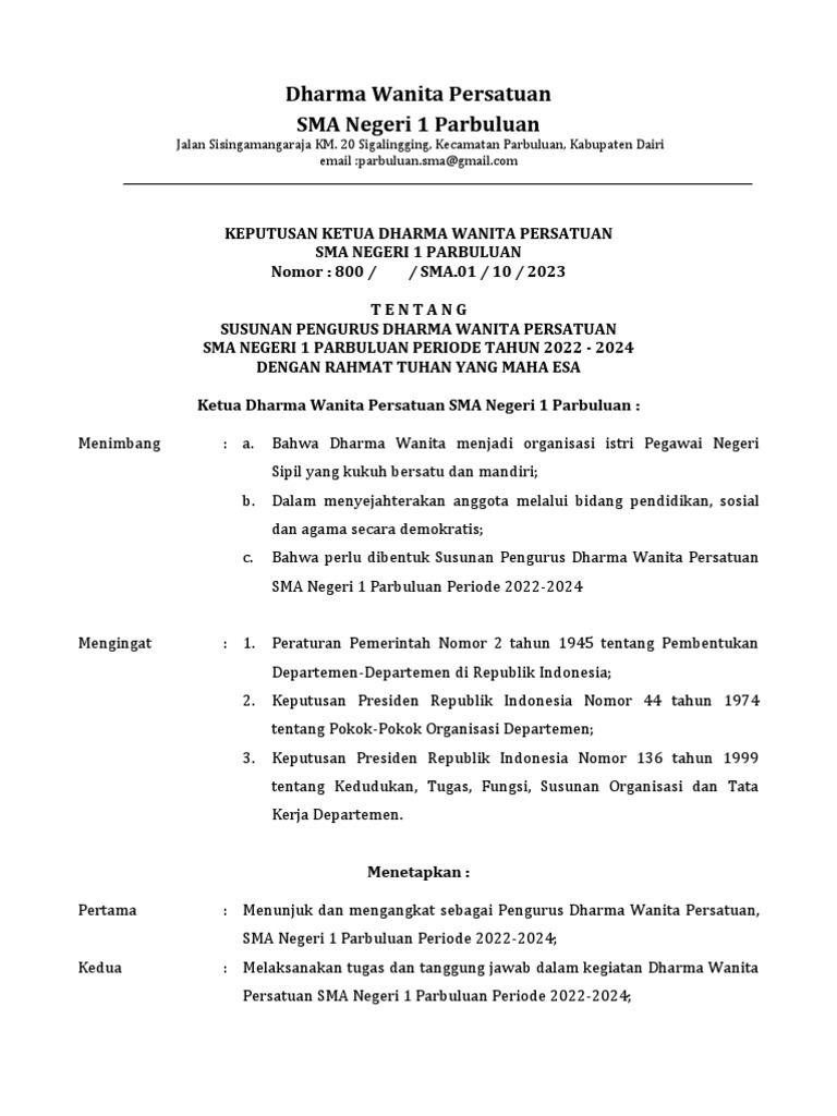 Susunan Pengurus DWP SMA 1 Parbuluan | PDF