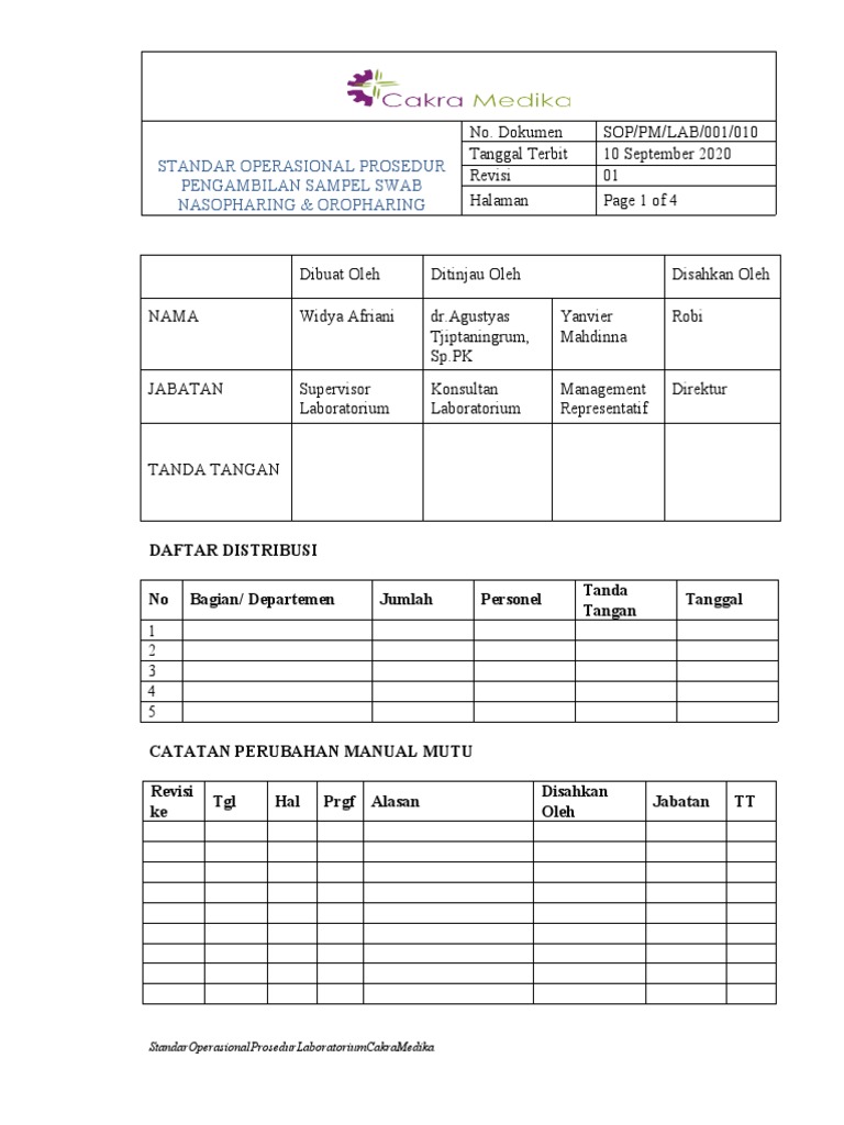 Revisi-Sop Pengambilan Sampel Swab Nasopharing, Oropharing | PDF | Teknologi & Rekayasa