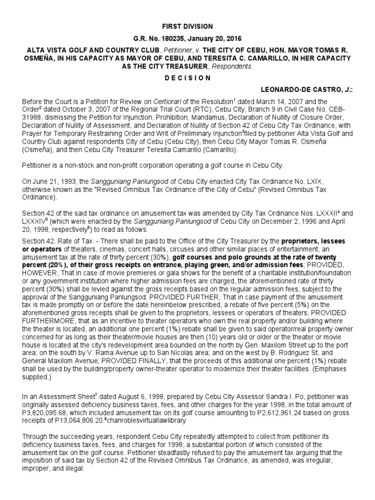 Alta Vista Golf Club Tax Dispute Case | PDF | Jurisdiction | Certiorari
