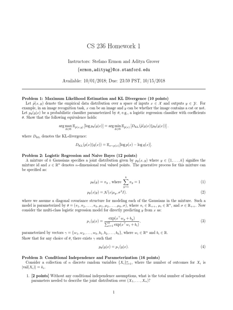 Cs236 Homework 1 Pdf Logistic Regression Statistics