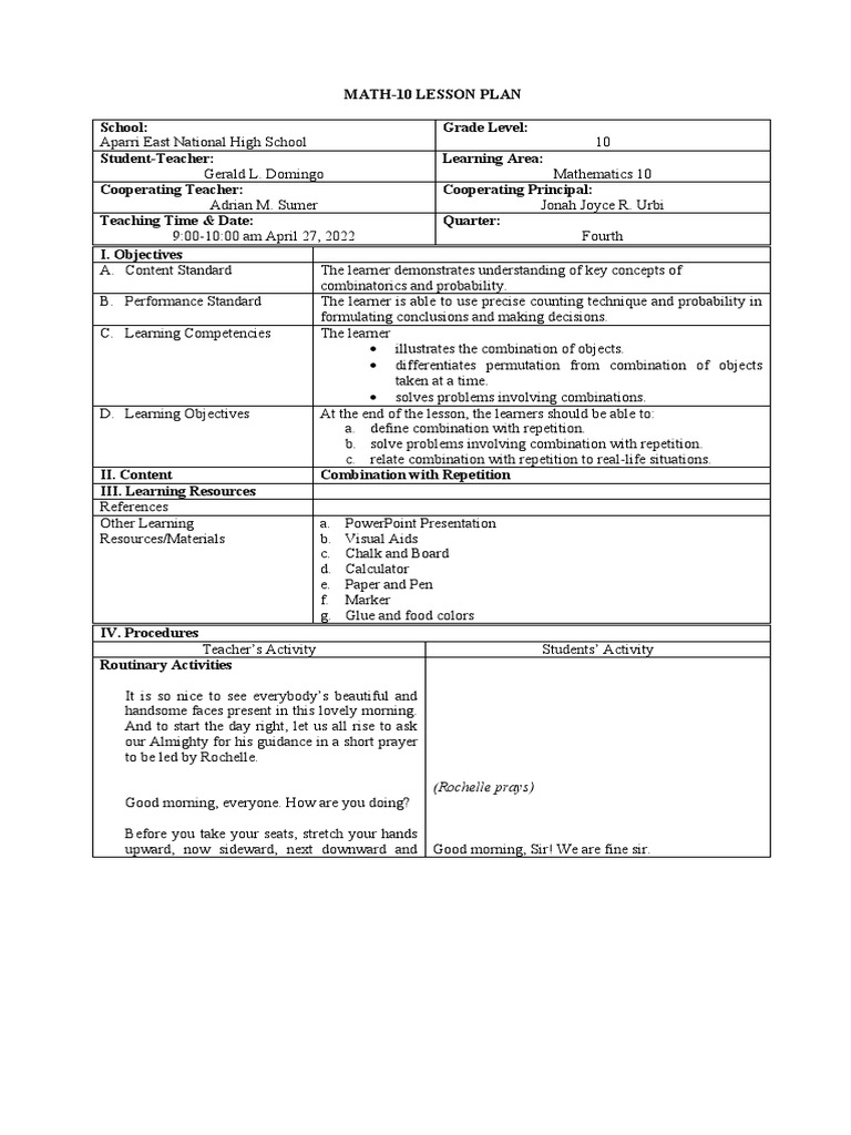 Combination With Repetition Lesson Plan | PDF
