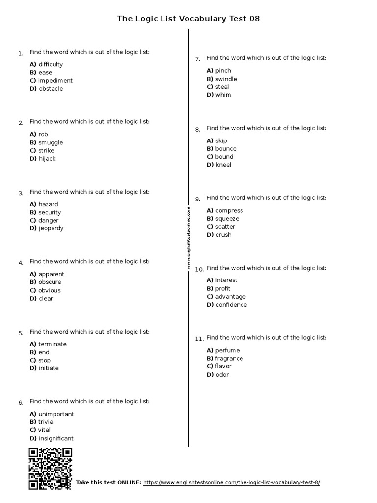 Logic List Vocabulary Test Answers | PDF | Odor | Perfumery