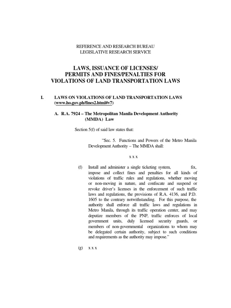 Laws, Issuance of Licenses/ Permits and Fines/penalties For Violations ...