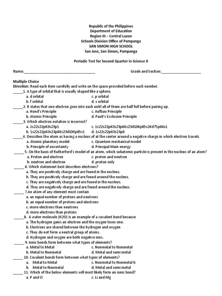 Science 9 Second Periodic Test With Tos 2021 2022 | PDF | Chemical Bond ...