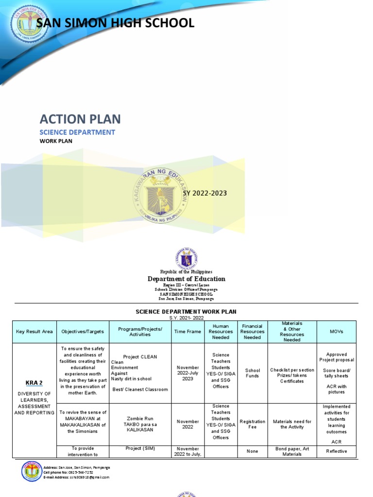 WORK PLAN Science Department | PDF | Behavior Modification | Learning