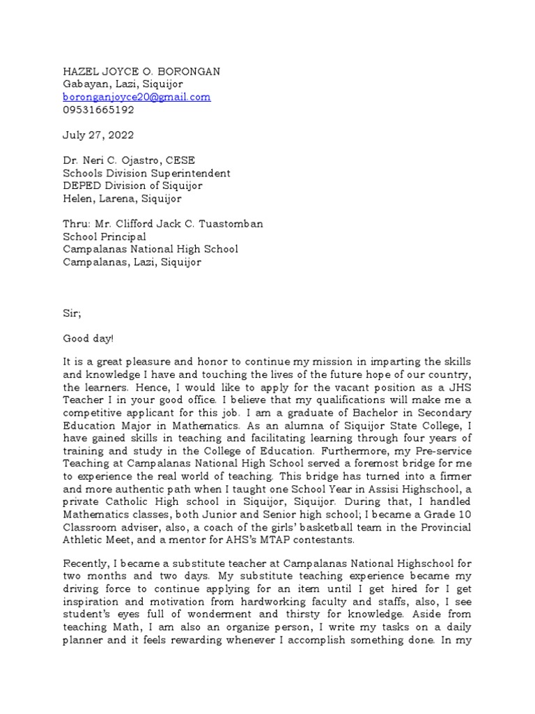 Application Letter JHS Teacher 1 | PDF | Teachers | Teaching