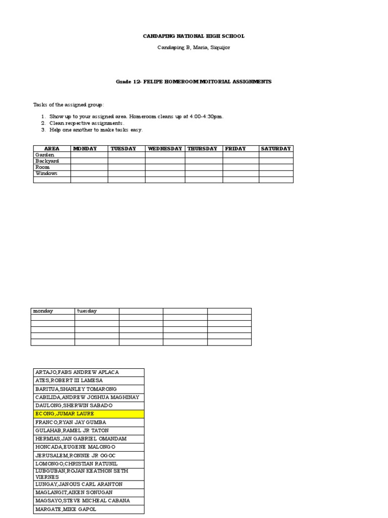 Homeroom Monitorial Chart | PDF | Home & Garden