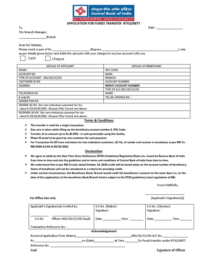 RTGS NEFT Application Format Rtgs | PDF | Economies | Financial Services